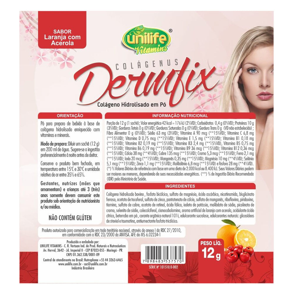 Colágeno Hidrolisado Dermfix Laranja com Acerola 15 Sachês 12g ...